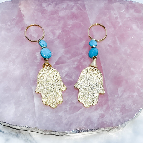 Hamsa Hand Gold Plated Turquoise Stone Key Ring - GemRox